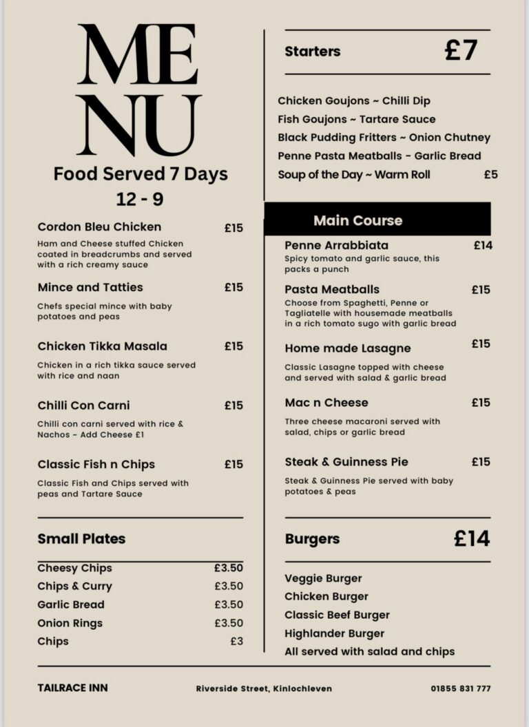 Menus - The Tailrace Inn
