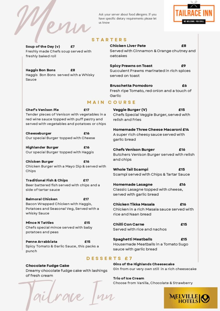 Menus - The Tailrace Inn
